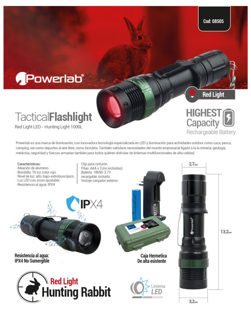 8505 – Tactical Flashlight – red Light LED 1000L – Powerlab
